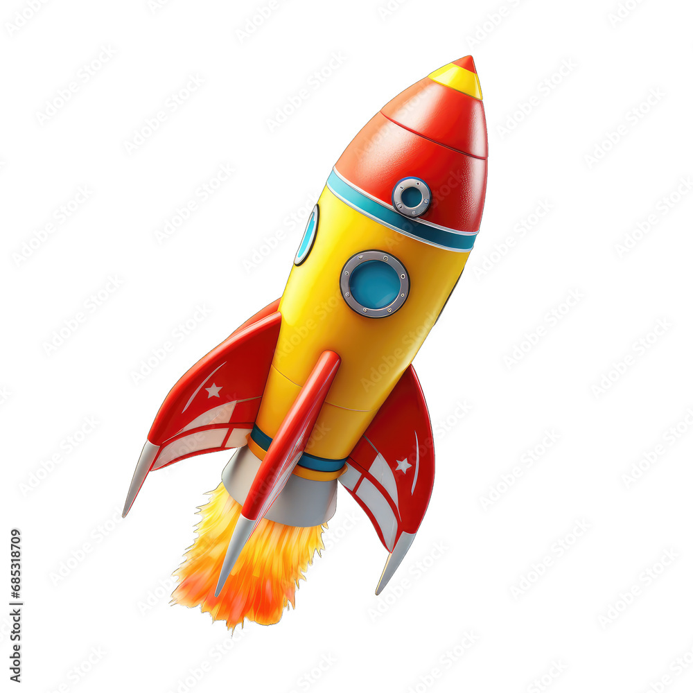 3D model of a rocket toy with flames in flight isolated on transparent ...