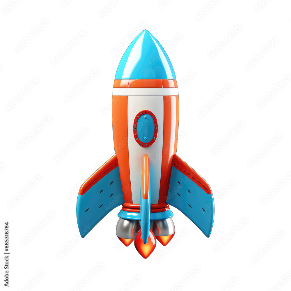3D model of a rocket toy with flames in flight isolated on transparent ...