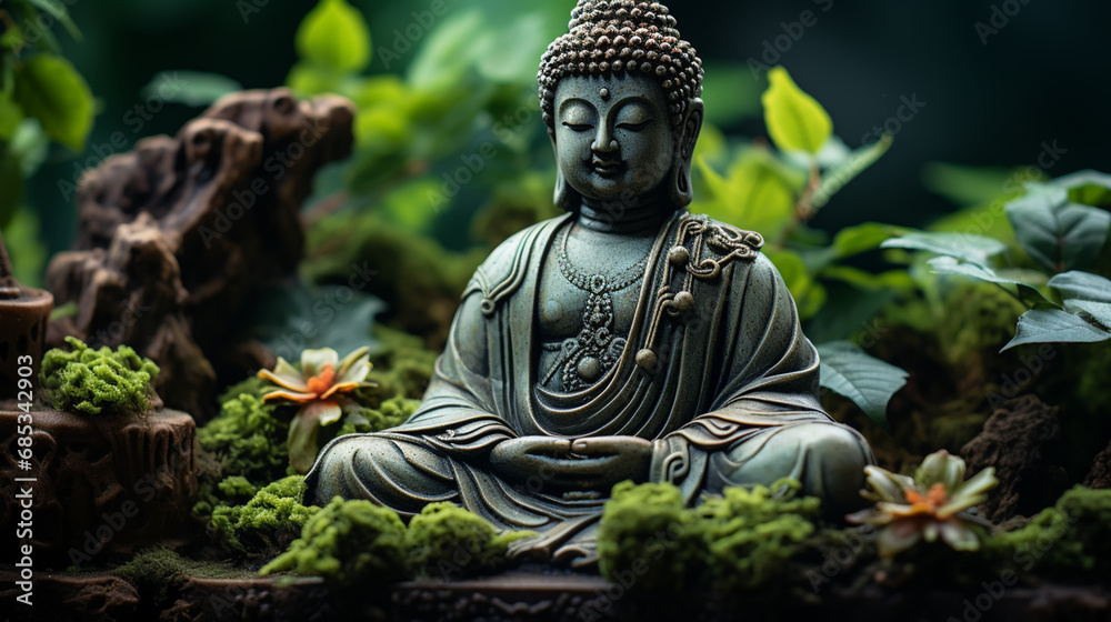 buddha statue on a rock in a blurred green bamboo jungle with smooth ...