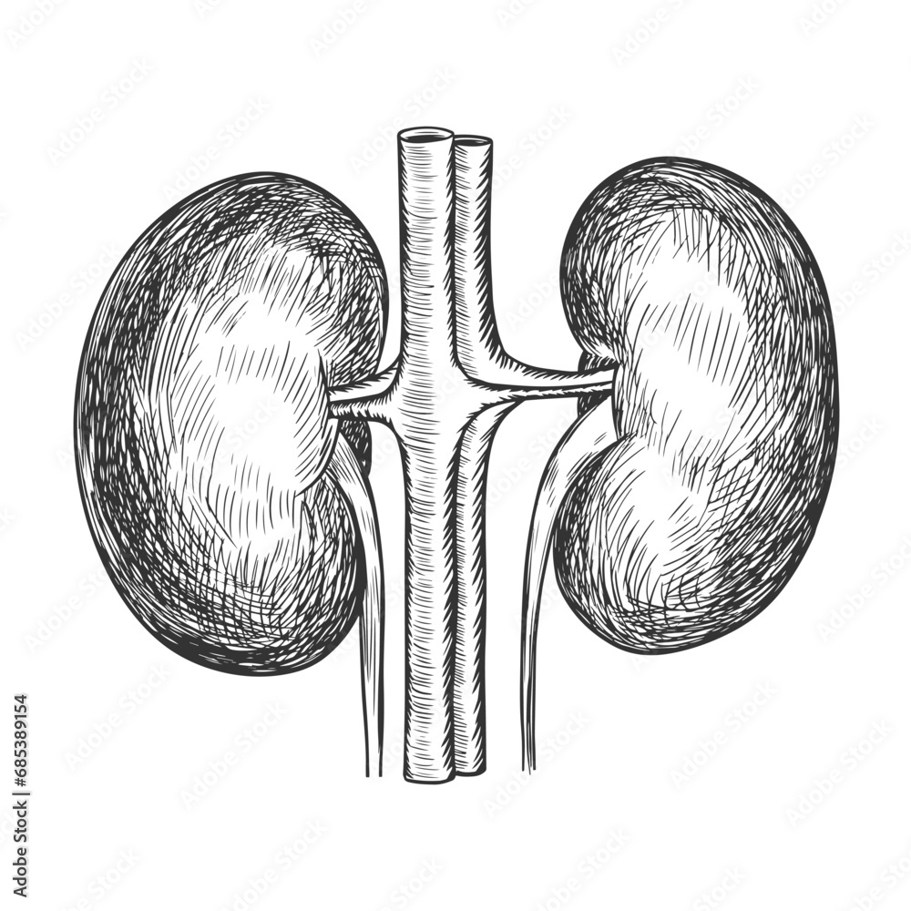 Sketch style human kidneys. Hand drawn kidneys. Engraving style ...