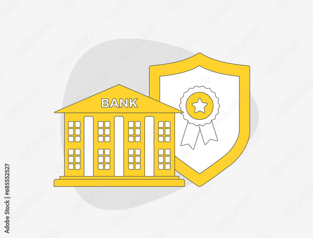 Trusted bank yellow outline icon with bank branch and shield icon with ...