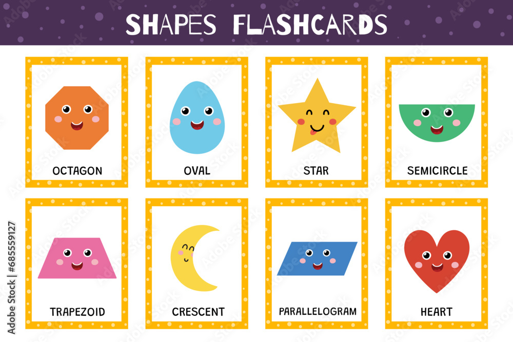 Shapes flashcards collection for kids. Flash cards set with cute ...