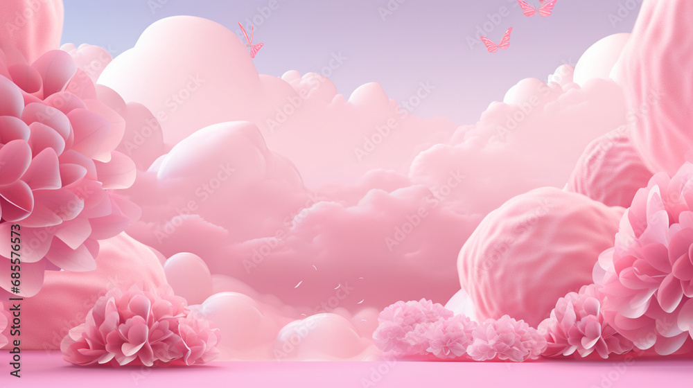Dreamy life size flower fantasy stage background in pastel pink color ...
