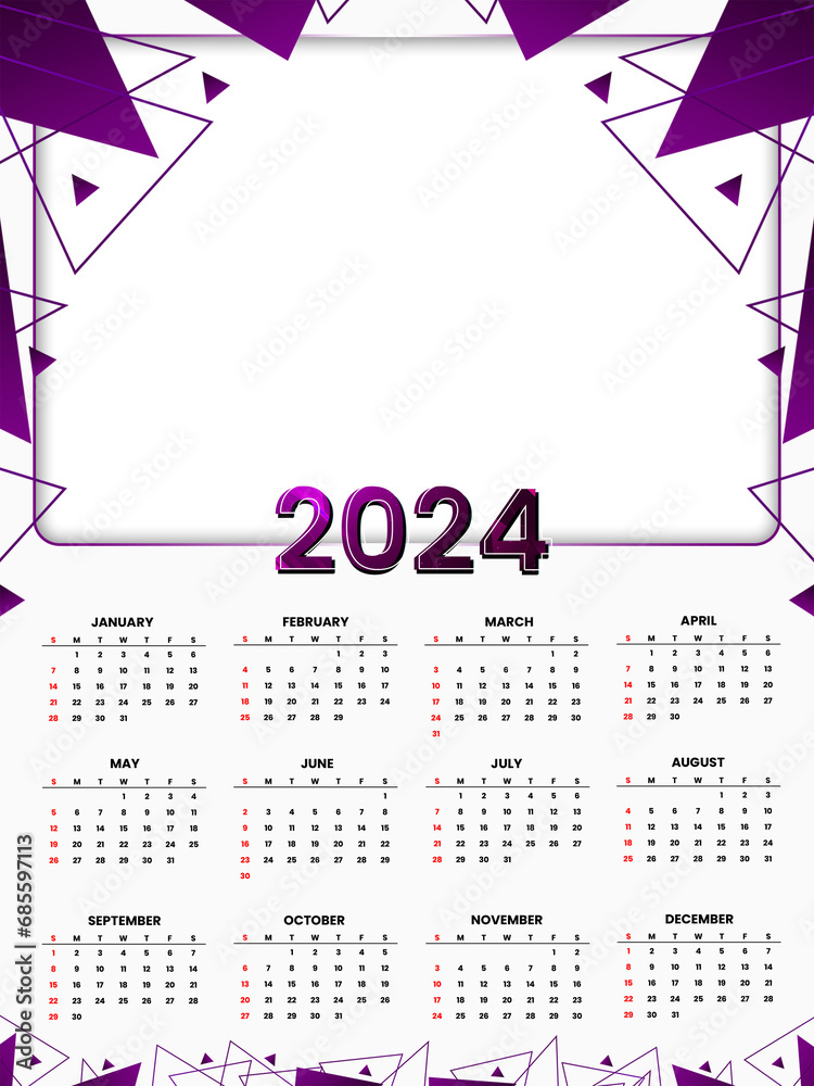 Purple calendar for 2024 portrait template transparent background file ...