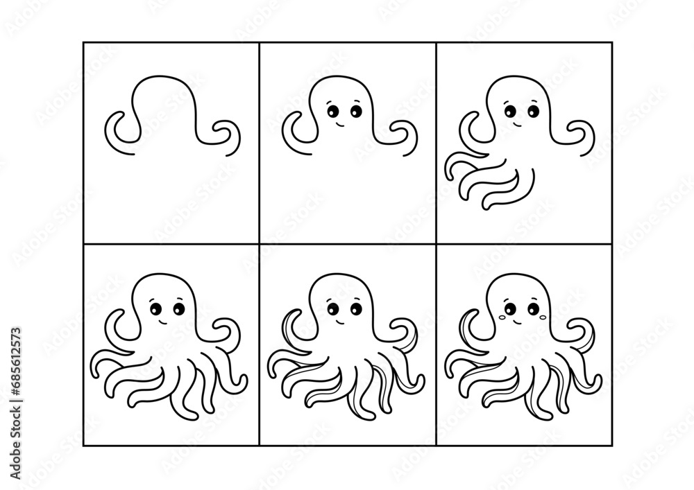 Step by step drawing. Octopus. Coloring page, coloring book page. Black ...