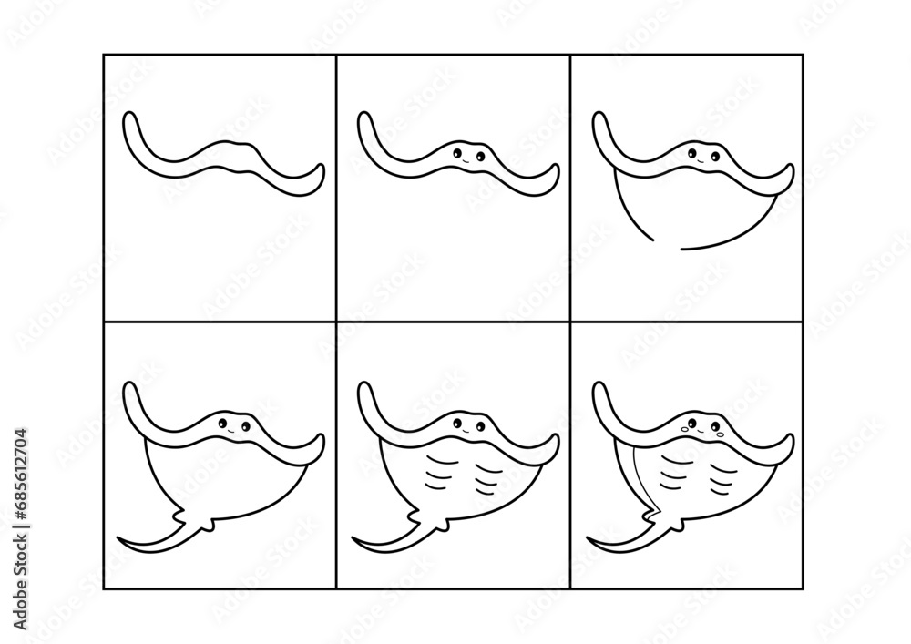 Stingray. Step by step drawing. Coloring page, coloring book page ...
