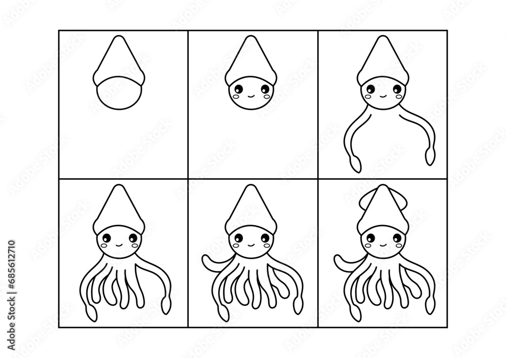 Squid. Step by step drawing. Coloring page, coloring book page. Black ...