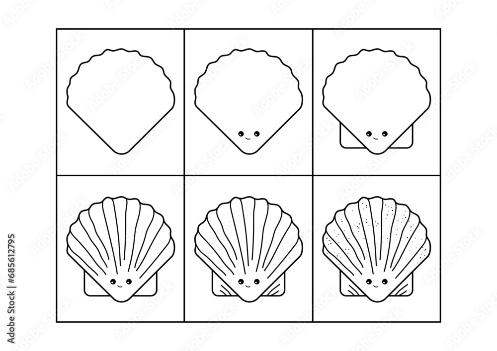 Scallop. Step by step drawing. Coloring page, coloring book page. Black ...