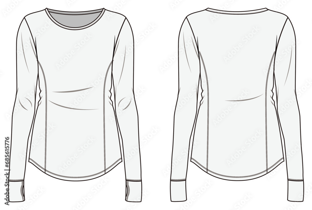 women's active long sleeve top, Fashion Flat Sketch Vector Illustration ...