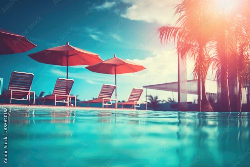 Tropical summer background with concrete wall, pool water and palm leaf ...