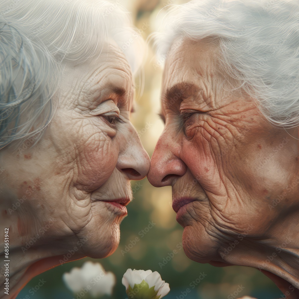 Two white old lesbian grandmas kissing, LGTBQ, cute elderly women ...