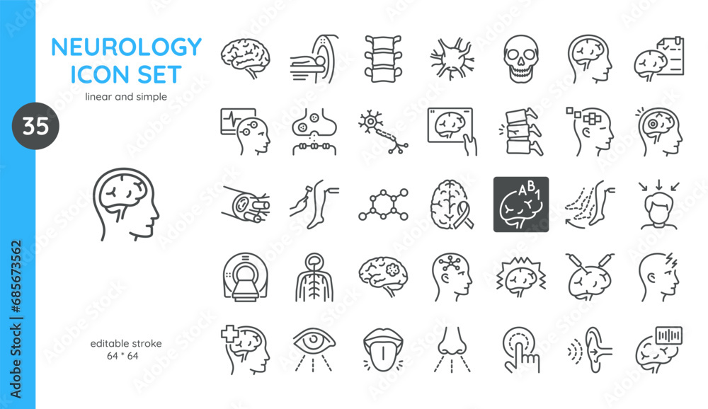 Neurology Icons Set. Thin Linear Illustrations of Brain, Neuron, Spinal ...