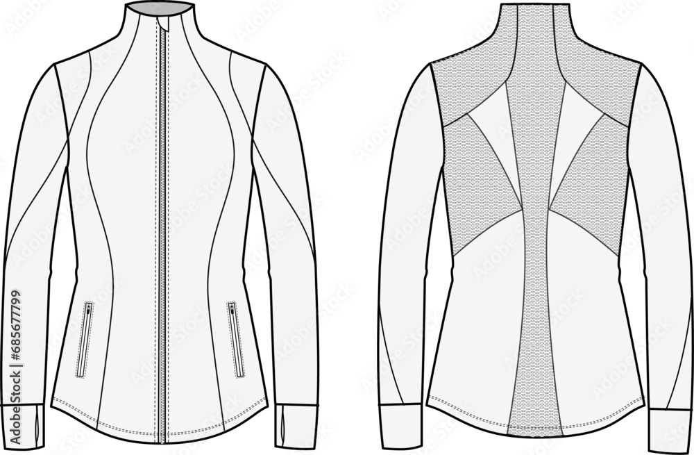 Women's active fit jacket, Fashion Flat Sketch Vector Illustration, CAD ...
