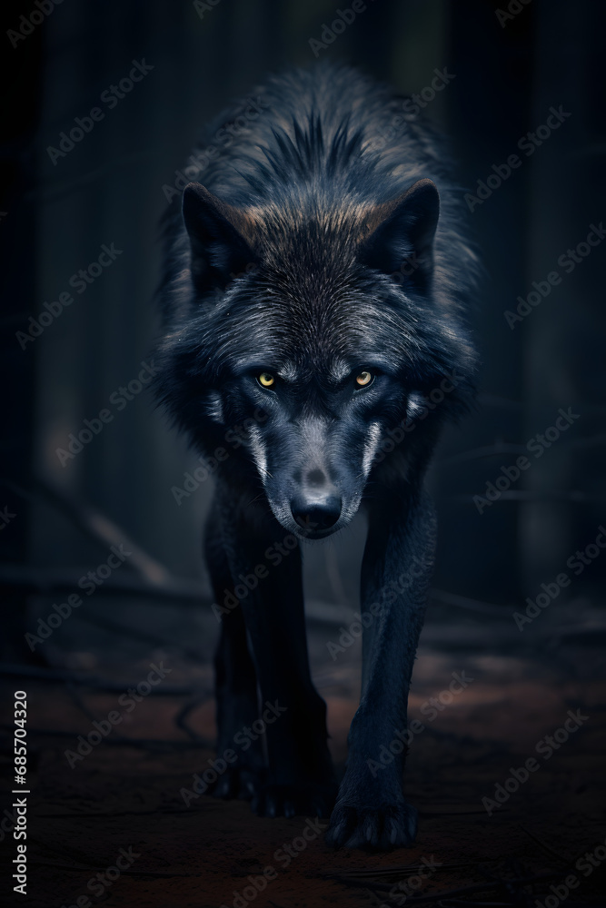 Black Wolf in the Shadows with Piercing Eyes, Ground Fog, and a Dark ...