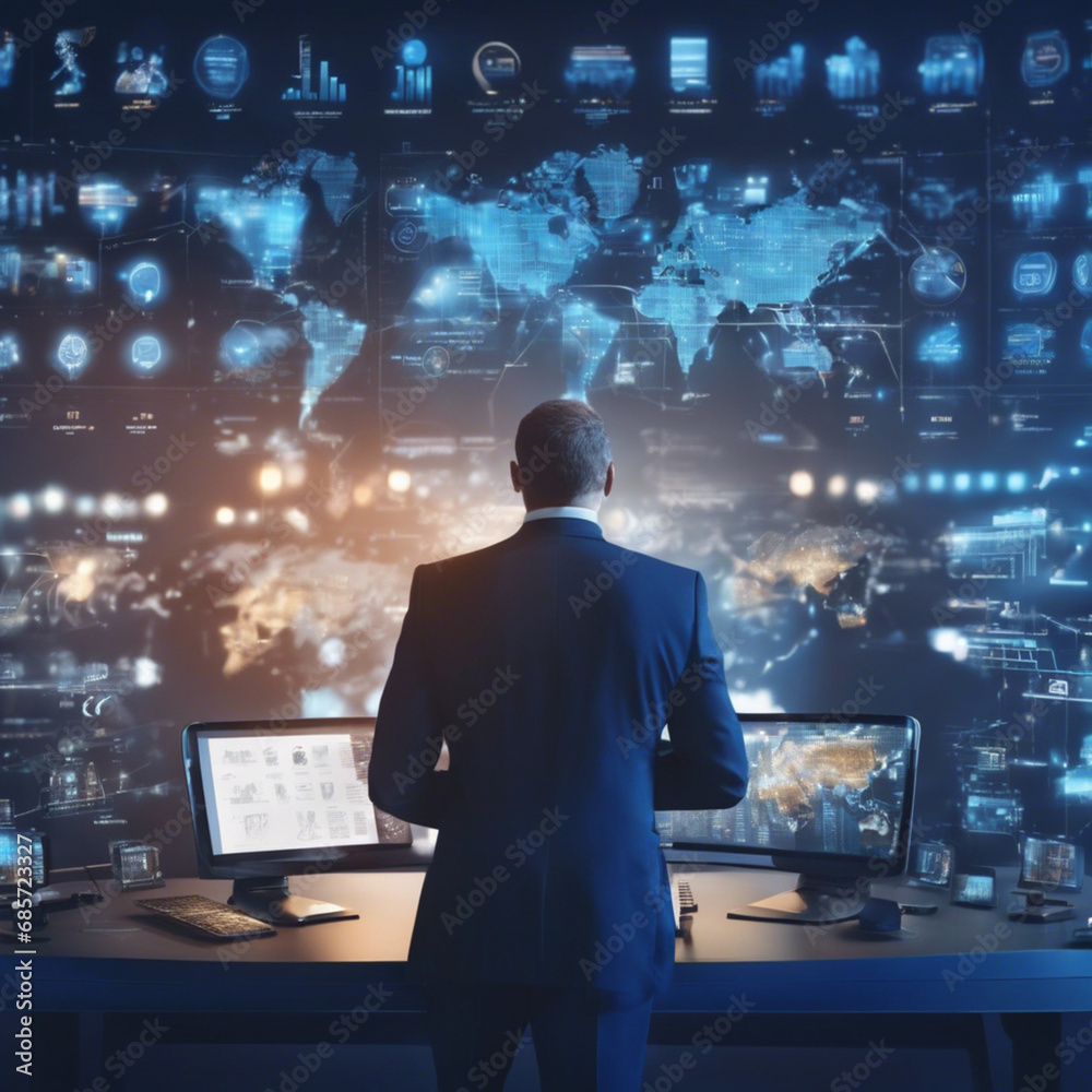 Businessman controlling a computer To view information and movements of ...