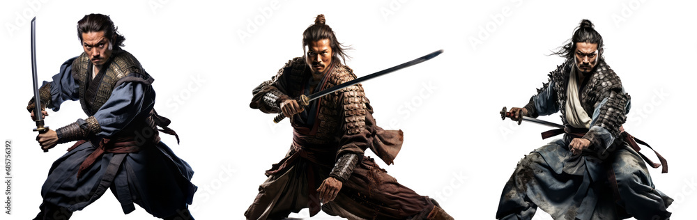 collection of samurai, asian warrior in combat action isolated on ...