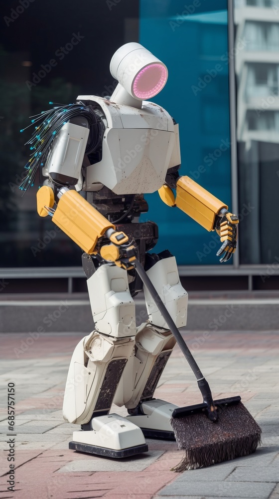 Robotic outdoor street cleaner efficiently tidying and washing outdoors ...