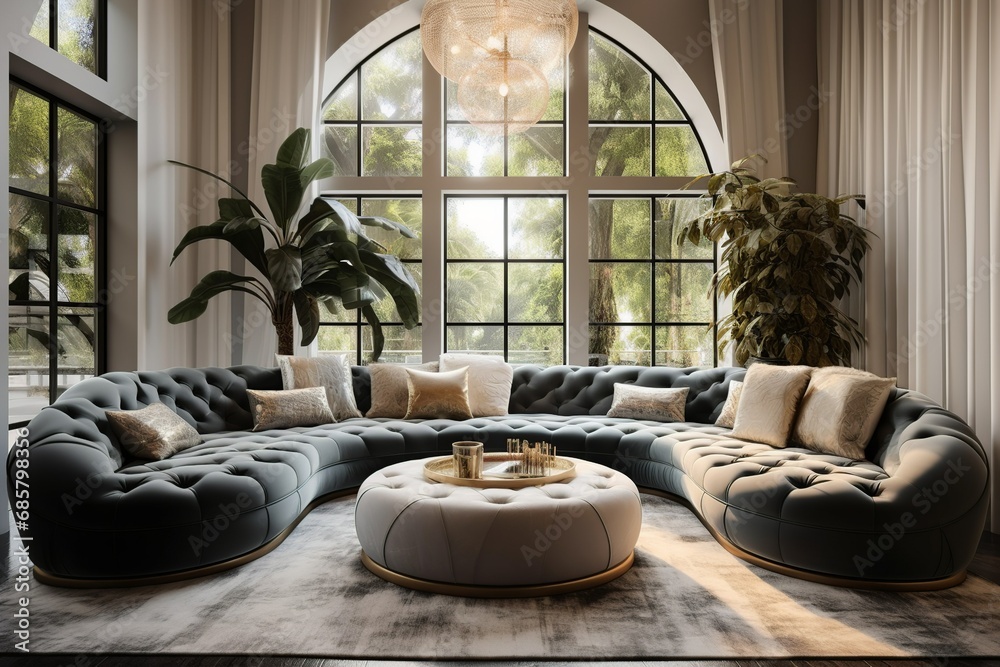 Grey curved tufted sofa in luxury room with arched windows. Hollywood ...
