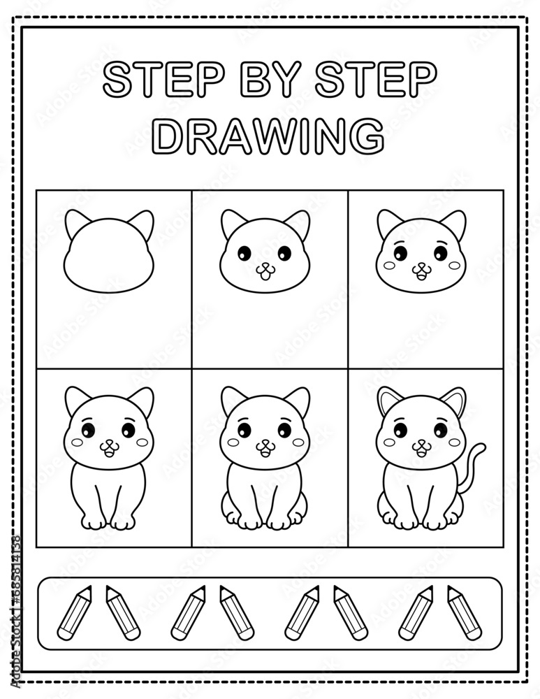 Cat. Book page, drawing step by step. Black and white vector coloring ...