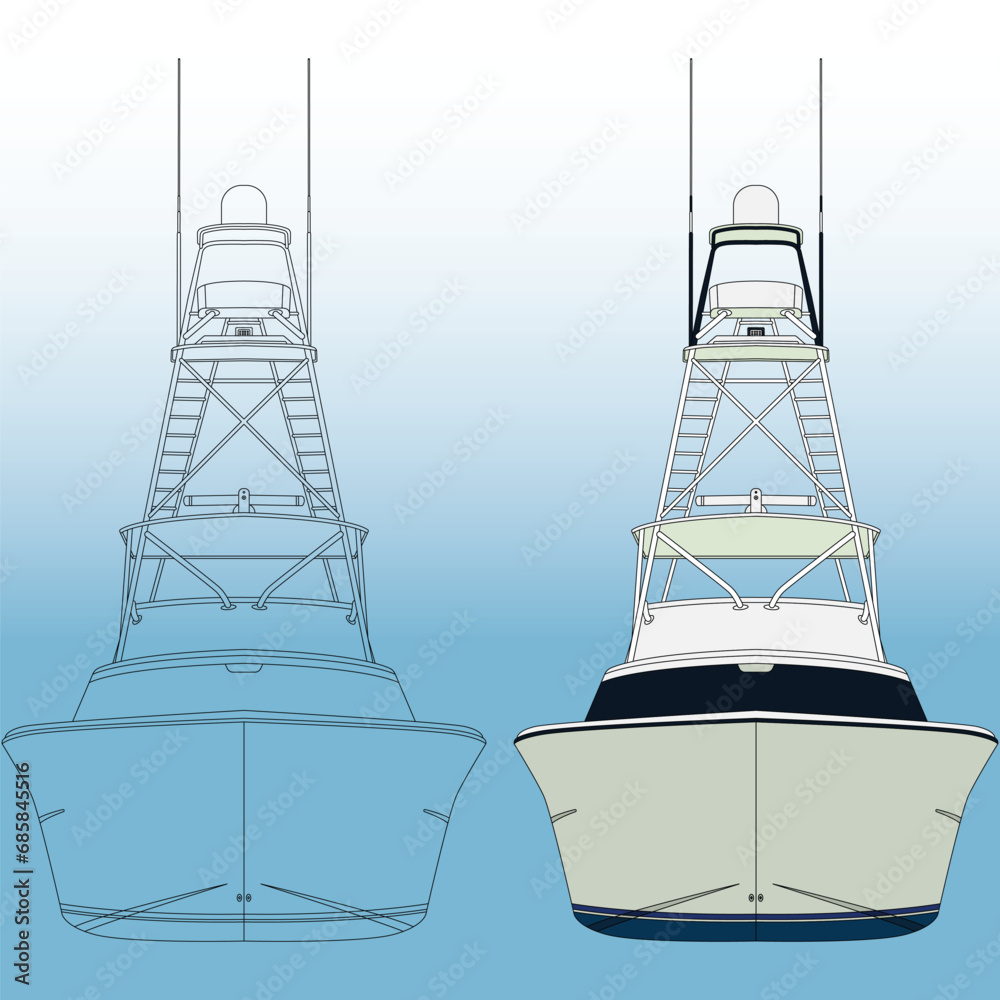 High quality front view fishing boat vector art illustration and line ...