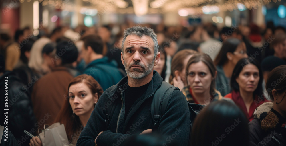 waiting in line in a crowd of people. a picture showing the emotions of ...