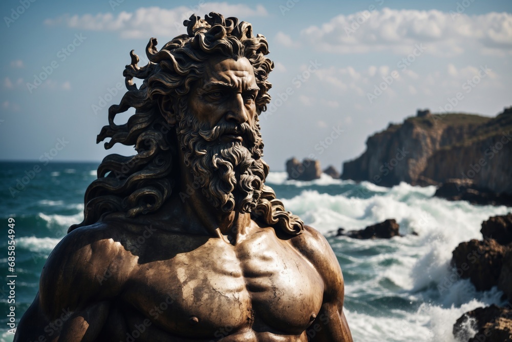 Majestic statue of Poseidon, the Greek god of the seas. Face washed by ...