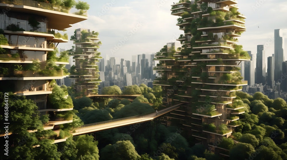 trees growing sides buildings city sci scene future cartoon treetops ...