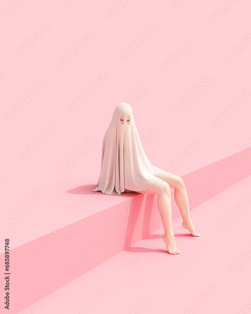 Ghostly figure bedsheet ghost woman white sheet cutout holes thick legs sitting on a wall ...