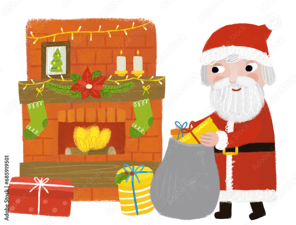 cartoon happy christmas scene with decorated warm fireplace chimney ...
