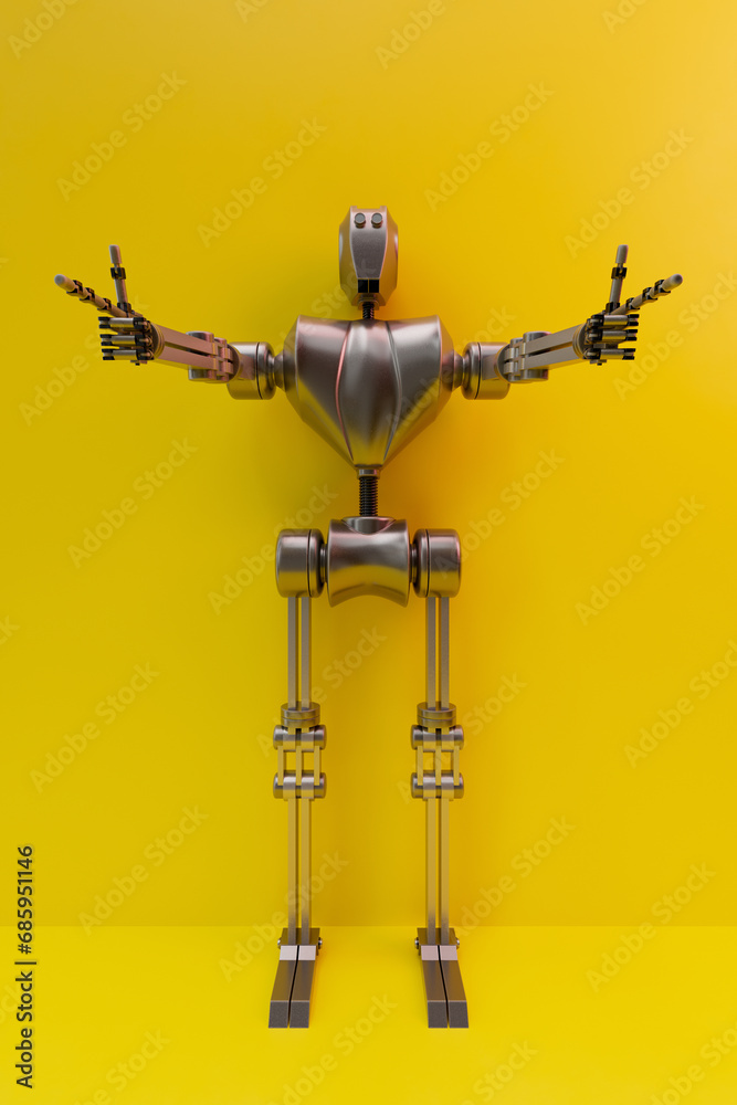 Full-body shot of a cool robot pointing index fingers in a finger gun ...