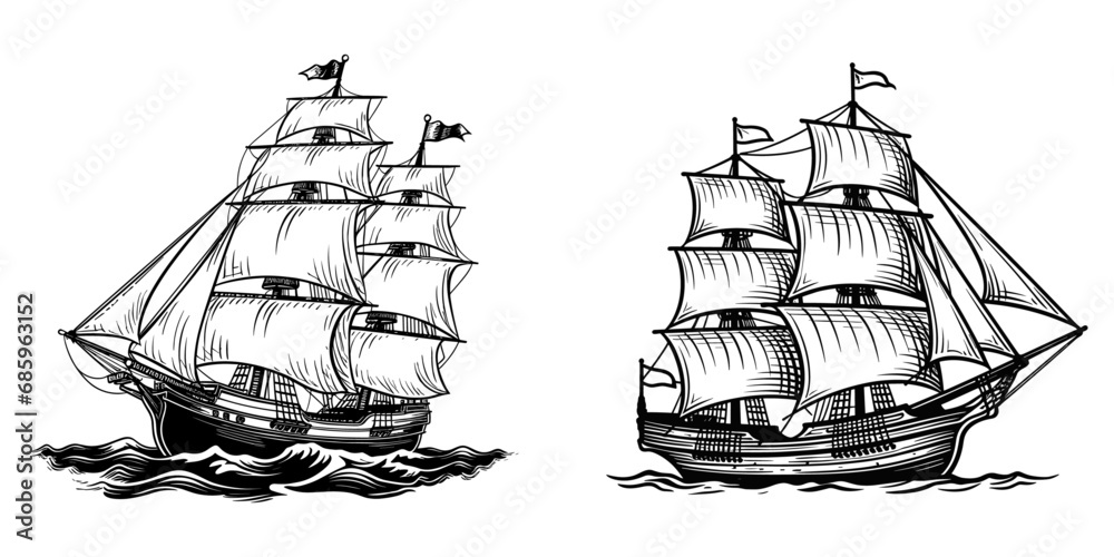 Pirate ship sailboat set, old wooden ships, warship longboat, ancient ...