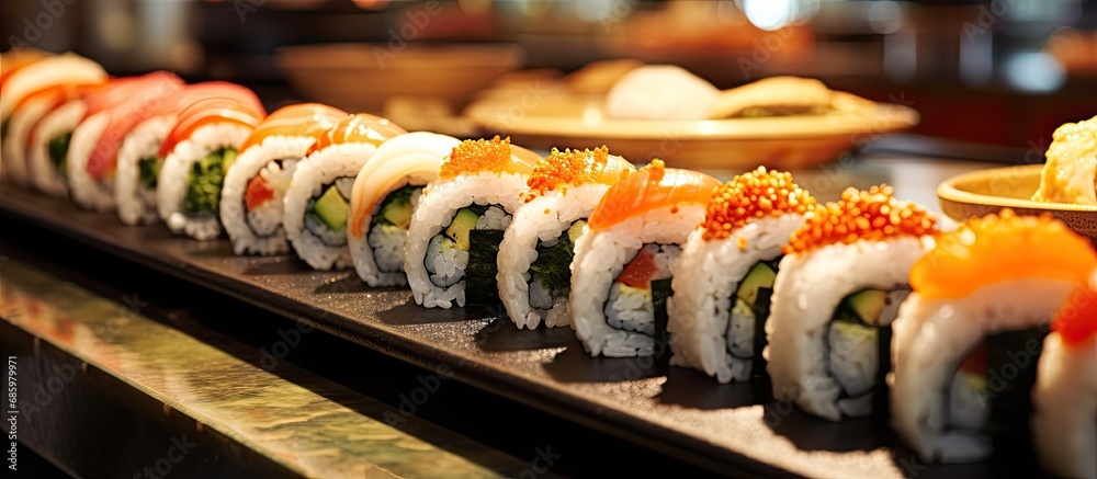 Sushi on conveyor belt in a Thailand restaurant. Sushi Go Round, also ...