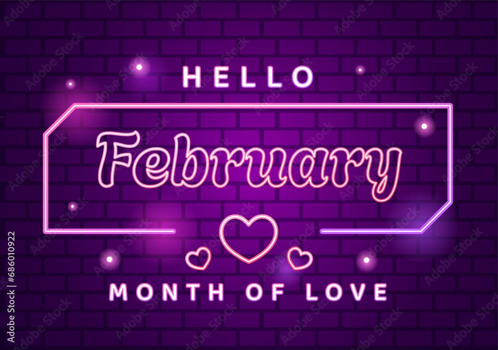 Hello February Month Vector Illustration with Flowers, Hearts, Leaves ...