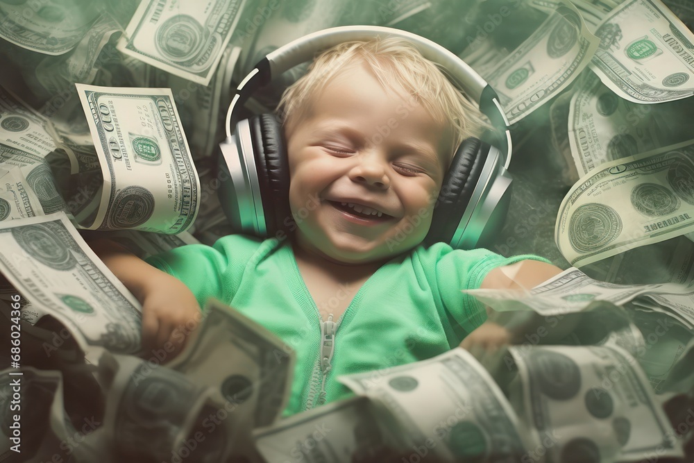 Child with slim fit suit and headphones, lying in a bathtub of dollar ...