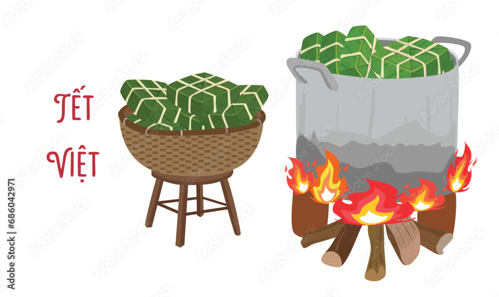 Chung cake vector set. Chung cake on bamboo basket. Vietnamese cuisine ...