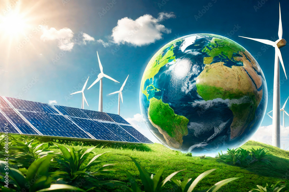 Clean electric energy from renewable sources sun and wind. Eco friendly ...