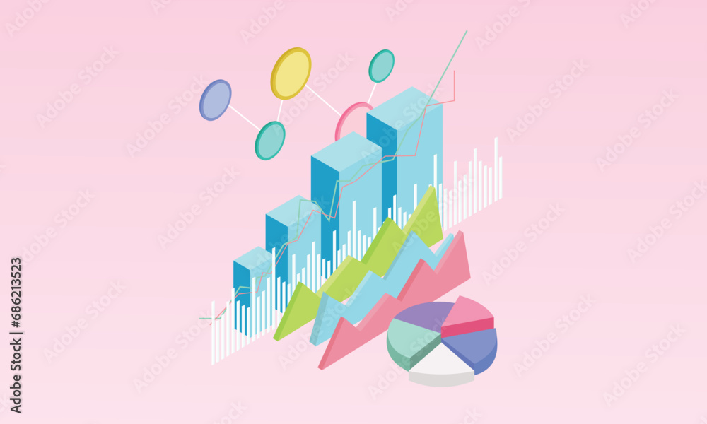 3d minimal Stock trading graph, growing strategy chart, pie chart ...