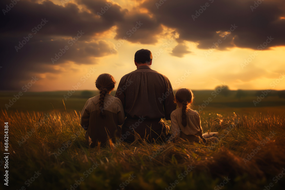 Back view of father and two daughters praying in the field at sunset ...