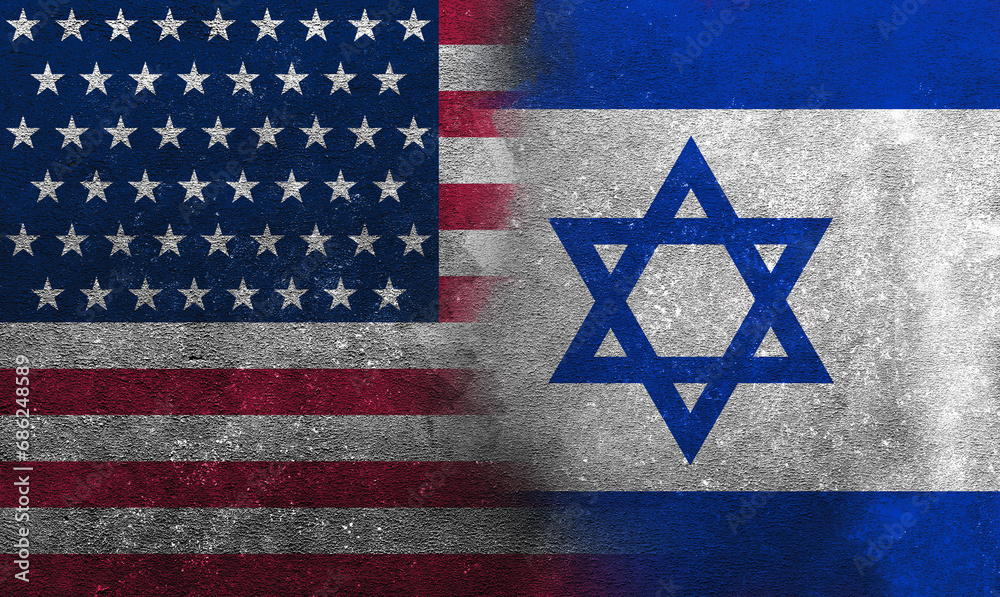 International relations. National flags of Israel and USA on textured ...