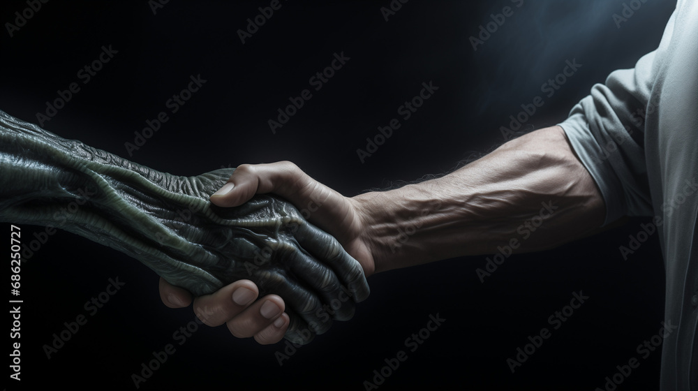 Human and black alien hands shaking isolated in a dark black background ...