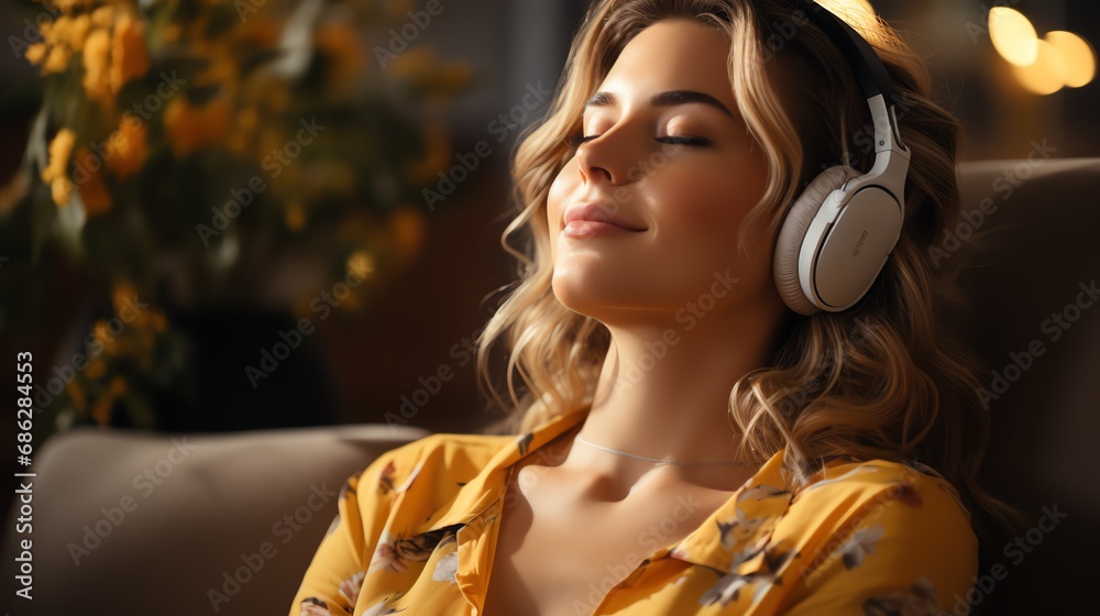 Quiet young woman wearing headphones listening to music with eyes ...