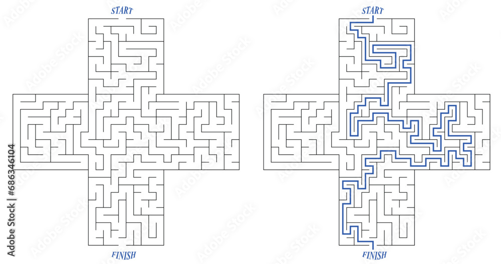 Labyrinth in a shape of big cross or positive sign. Big plus icon with ...