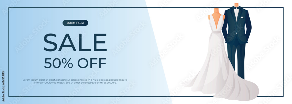Promo sale banner with wedding bride dress, groom suit on couple ...
