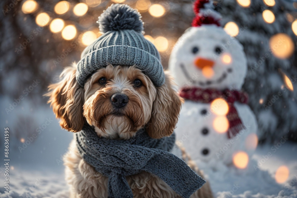 Cute cockapoo doodle dog wearing wooly hat and scarf posing for a ...
