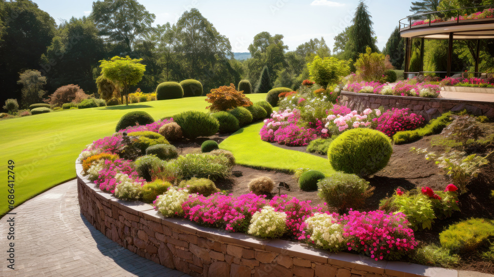 Landscape design of home garden with retaining wall, path and flowers, scenery of upscale ...