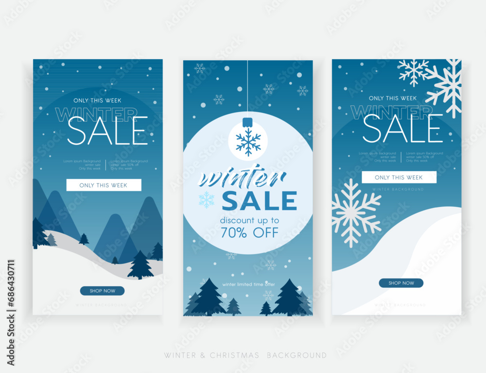 Flat winter landscape vector illustration, snowy background, snow drift ...