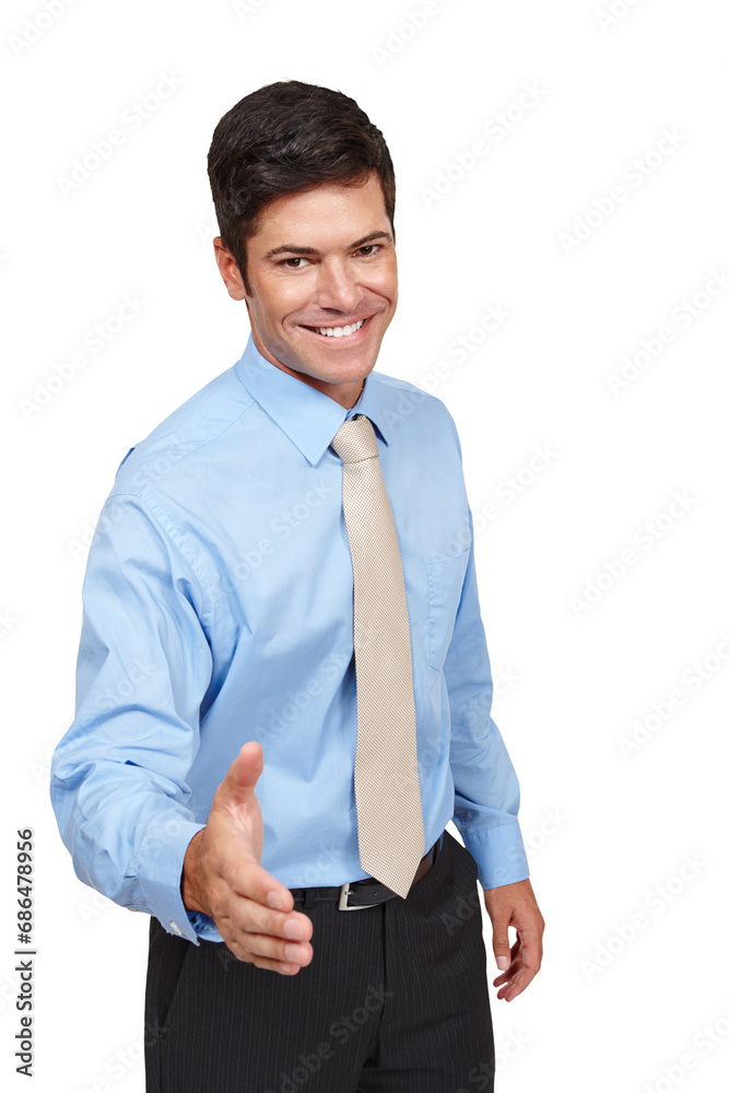 Portrait, smile and business man with handshake offer on isolated ...