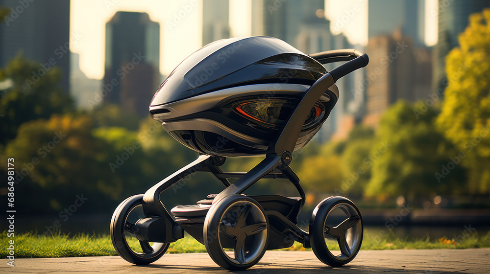 Autonomous pod vehicle against city park backdrop, future of urban baby ...