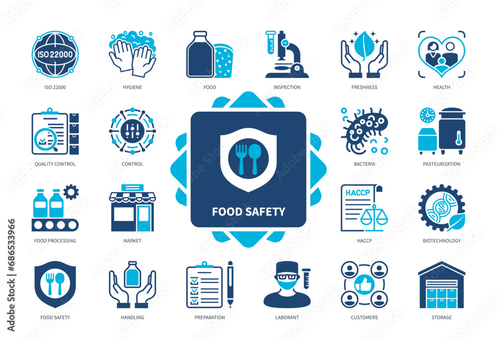 Food Safety icon set. Freshness, Hygiene, Biotechnology, Quality ...