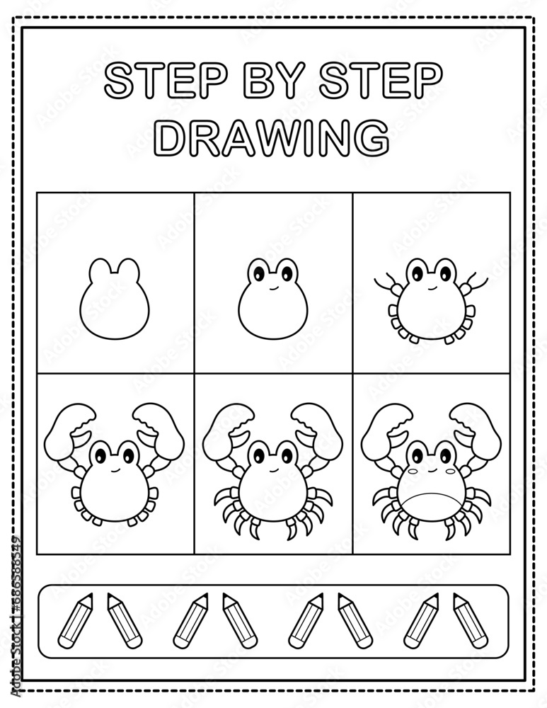 Crab. Book page, drawing step by step. Black and white vector coloring ...